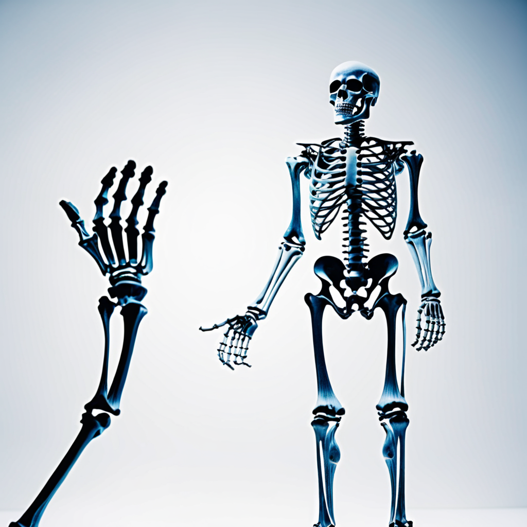 x ray of skeleton standing on bright white background, hand is on chin ...