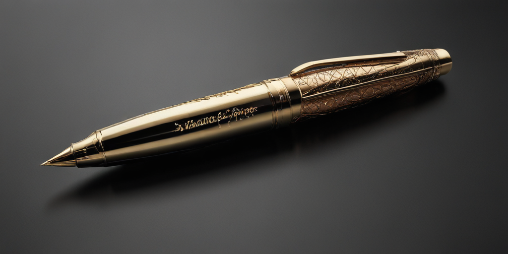 A Luxurious Gold-Plated Pen with Intricate Design on a Dark Background