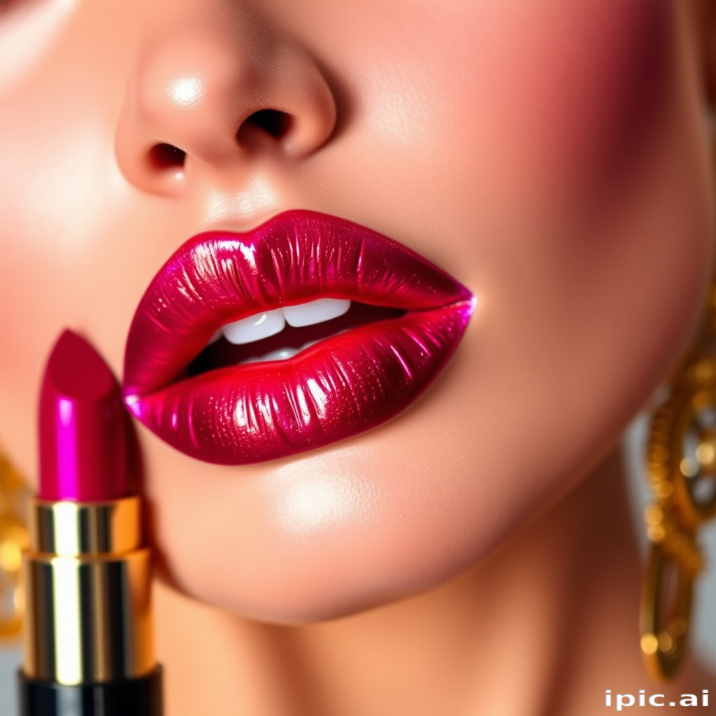 A Close-Up of Glossy Lips with Bold Pink Lipstick and Glamorous Shine.