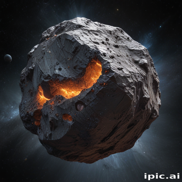 Glowing Asteroid with Fiery Core Surrounded by Cosmic Space and Planets