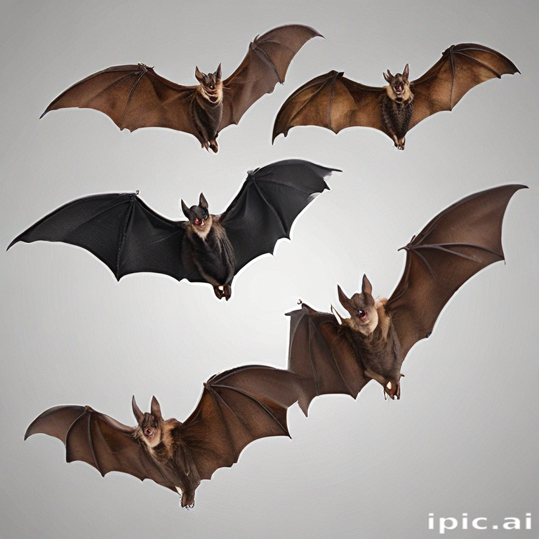 Five Distinctive Bats in Various Flying Poses Against a Neutral Background