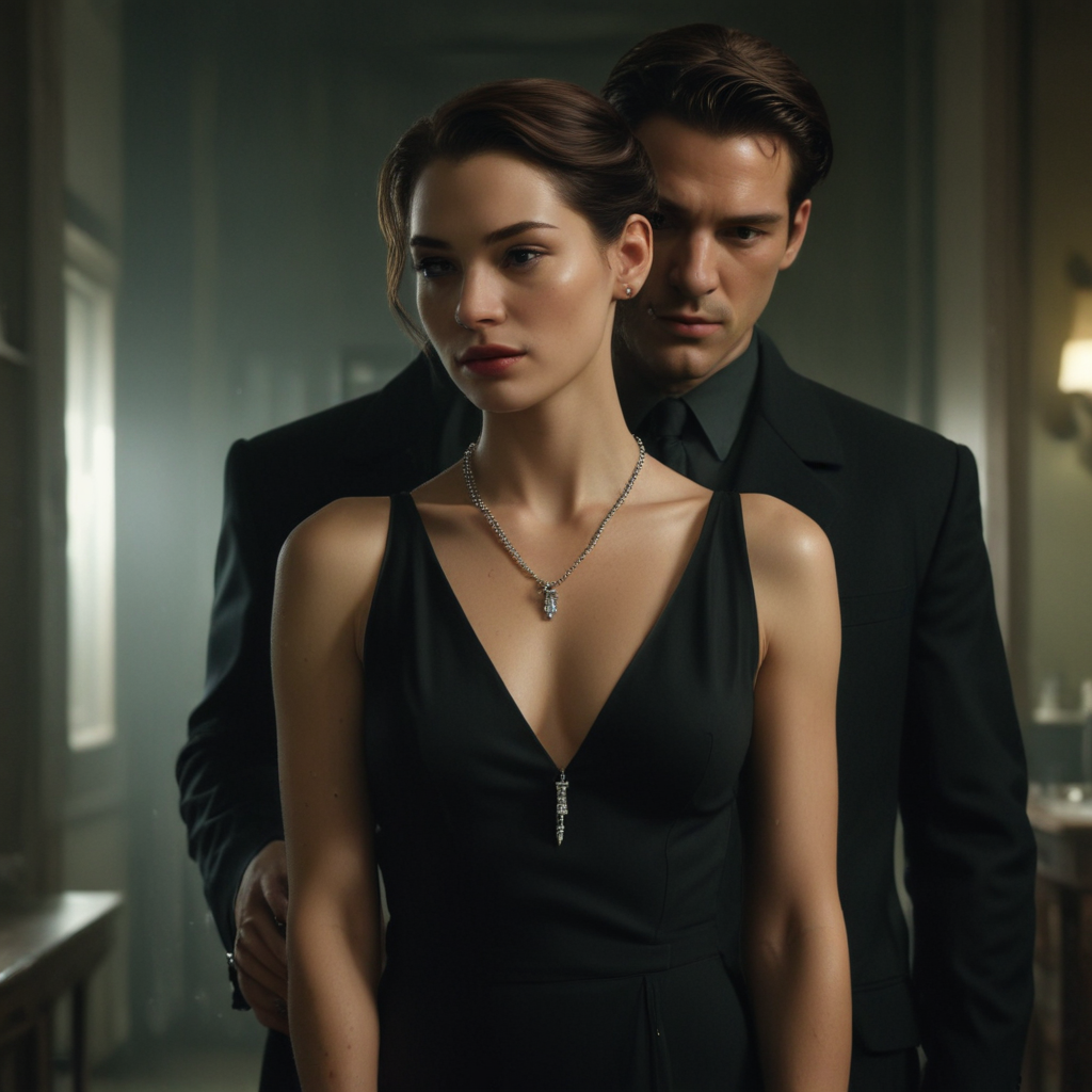 film noir scene, colored, the matrix color grading, couple, the man is ...