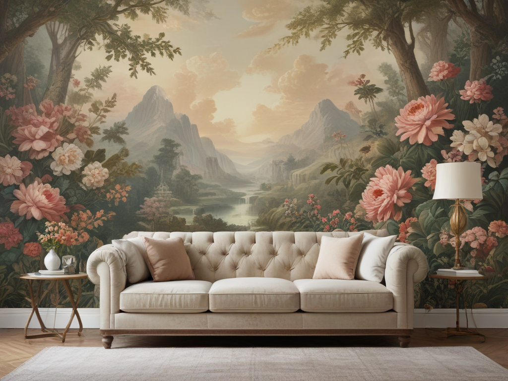 Charming Living Room with Floral Mural and Elegant Couch Design