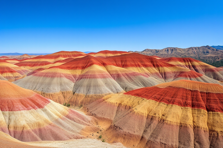 Vibrant Stripes of Color Across the Painted Hills Under Clear Blue Sky