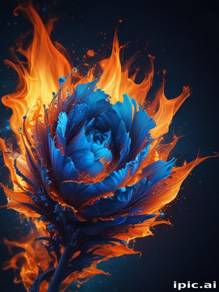 Stunning Blue Rose Surrounded by Fiery Flames in a Dark Background