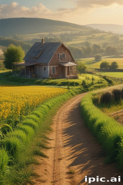 Serene Countryside Landscape Featuring a Rustic House and Golden Fields