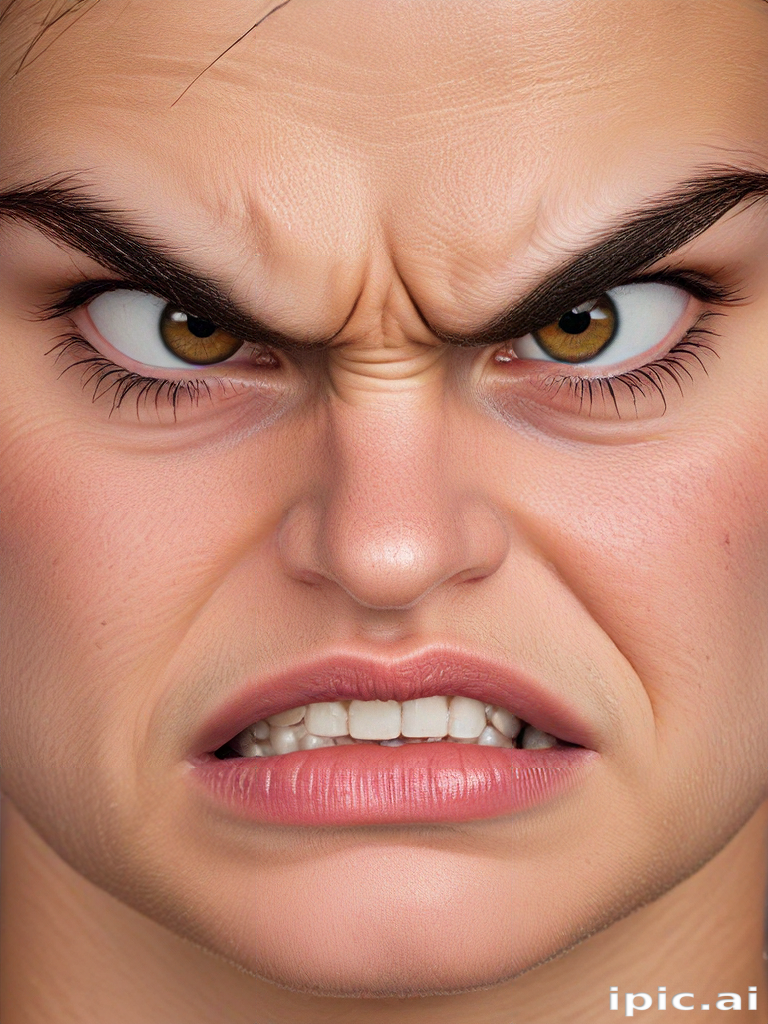 Intense Close-Up of an Angry Person with Furrowed Brows and Gritted Teeth
