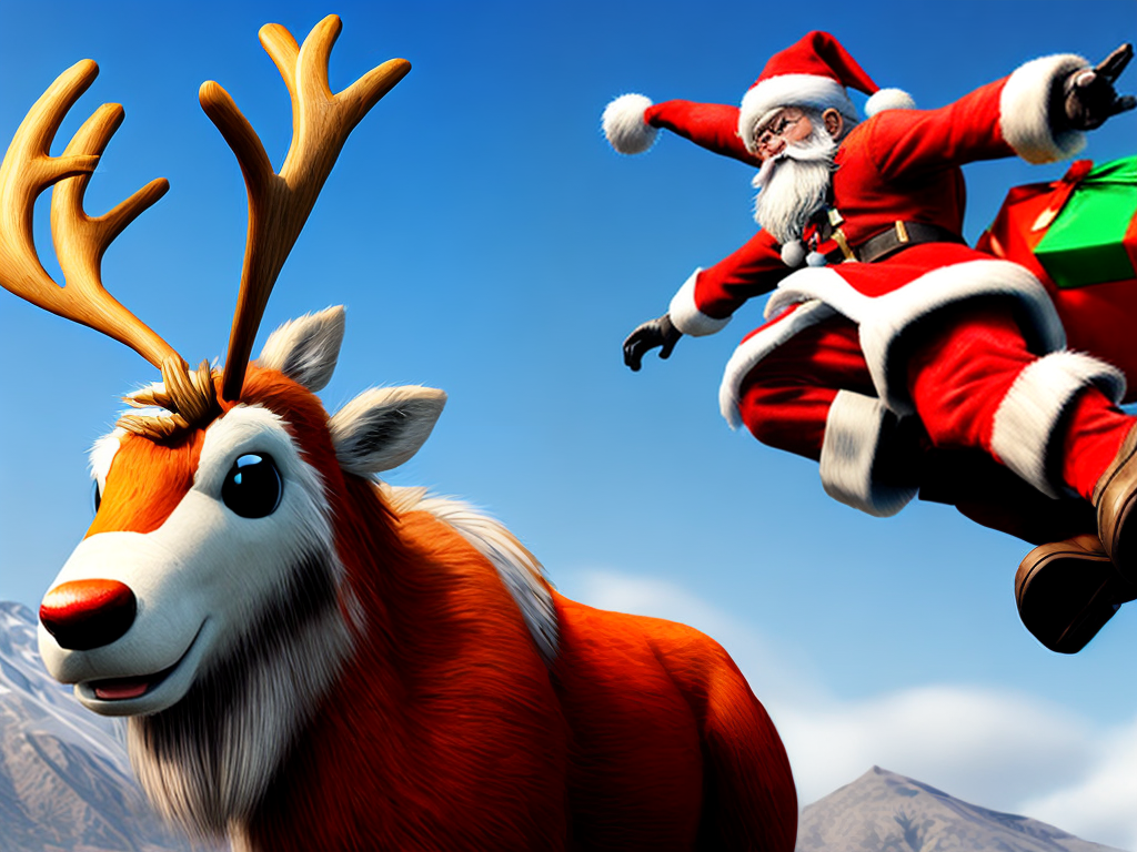 Realistic looking Santa and reindeer flying