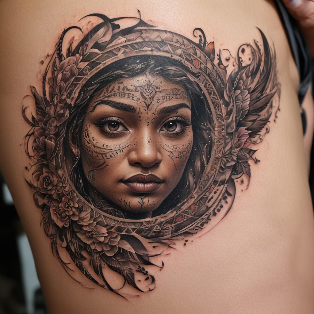 Intricate Tattoo Art Depicting a Beautiful Woman Framed by Nature