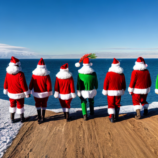 santa with elves and reindeer exercising together in the north pole
