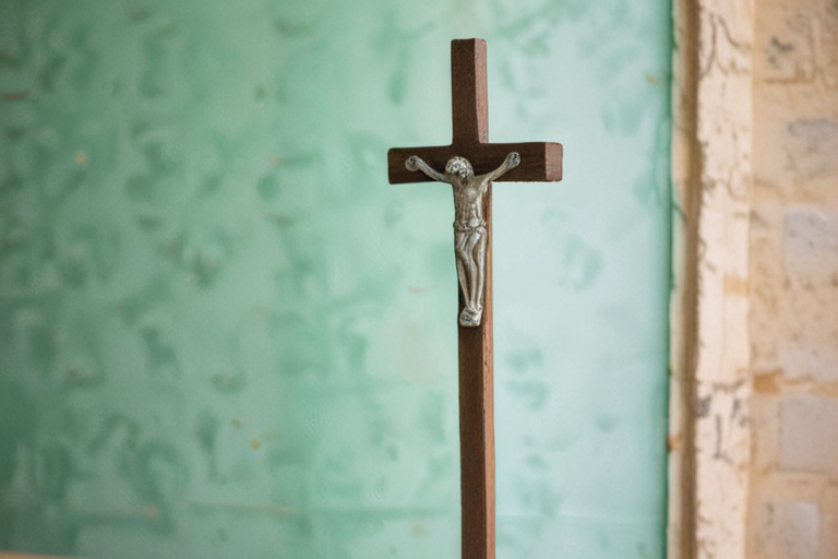 orthodox cross seen from aside pale green light blurred background