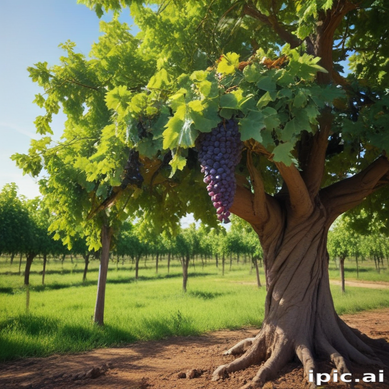 Vibrant Vineyard Scene Featuring Lush Grape-Laden Tree Under Clear Blue Sky