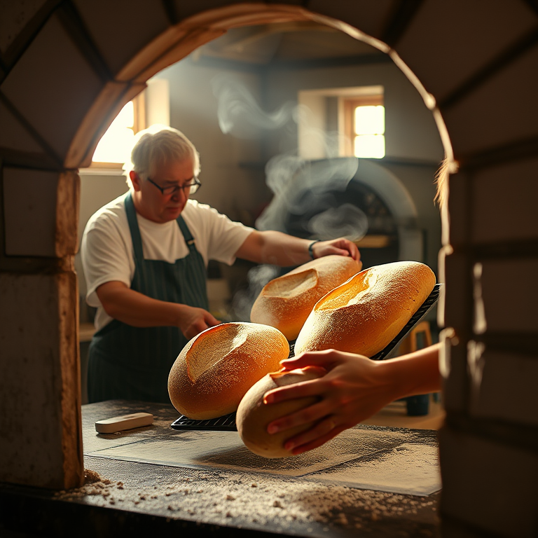 Artisan Baker Carefully Preparing Freshly Baked Bread in Cozy Bakery
