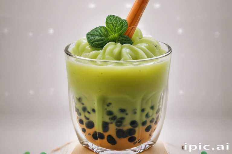 Deliciously Creamy Green Tea Dessert Drink with Tapioca Pearls and Mint