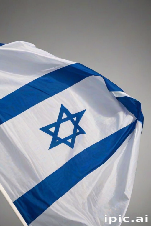 Flying Israeli Flag with Blue and White Stripes Against a Clear Sky