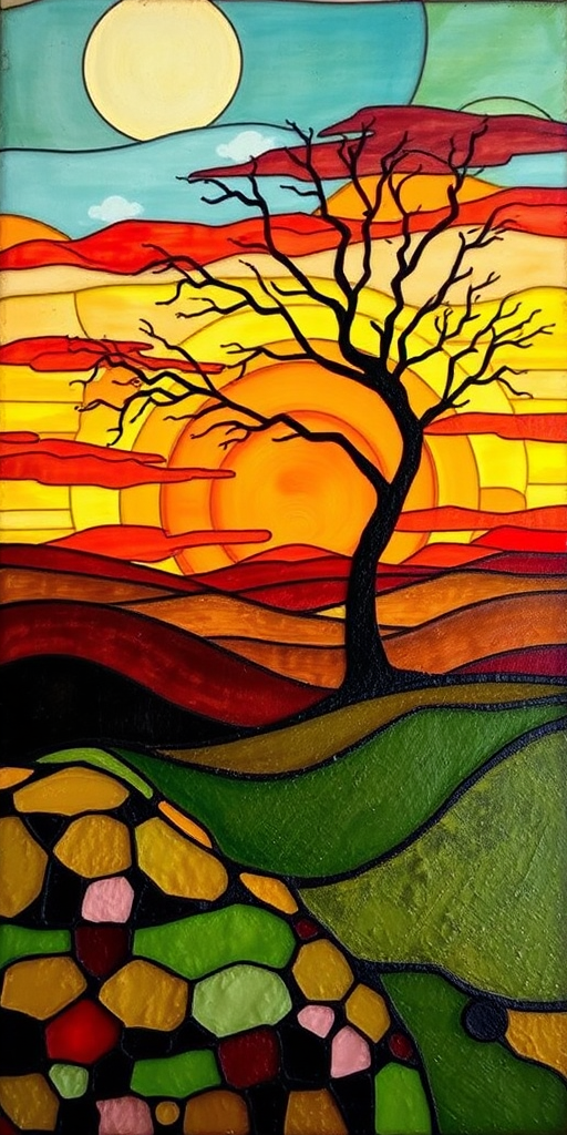 Vibrant Sunset Landscape with a Lonely Tree and Colorful Hills