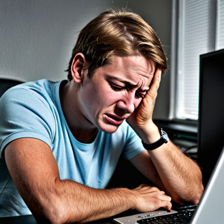 cyberbullying victim crying in front of its computer.