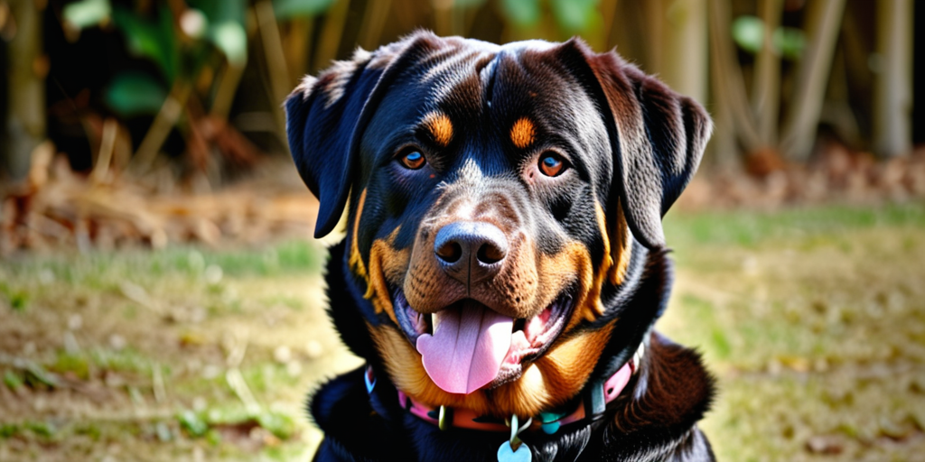 A Happy Rottweiler Dog Enjoying a Sunny Day in the Garden.