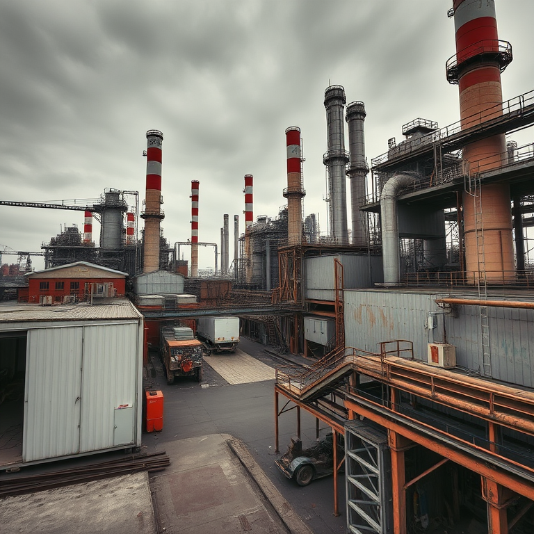 industrial complex in a desaturated color palette, captured with a ...
