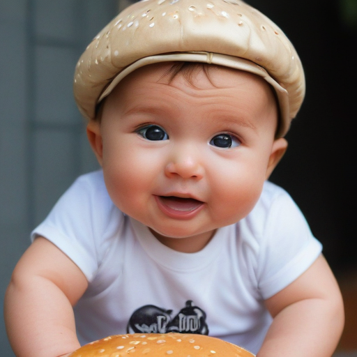fat baby with chesbuger and a cap