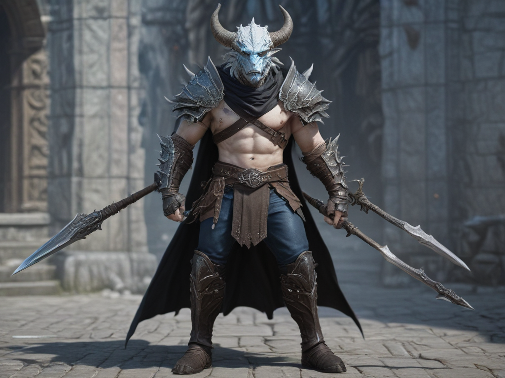 White Dragonborn, Barbarian with a Halberd, Black Leather Boots, Black ...
