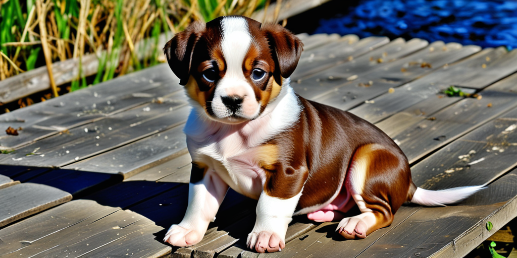 Adorable Puppy Sitting on a Wooden Dock by a Tranquil Water Body.