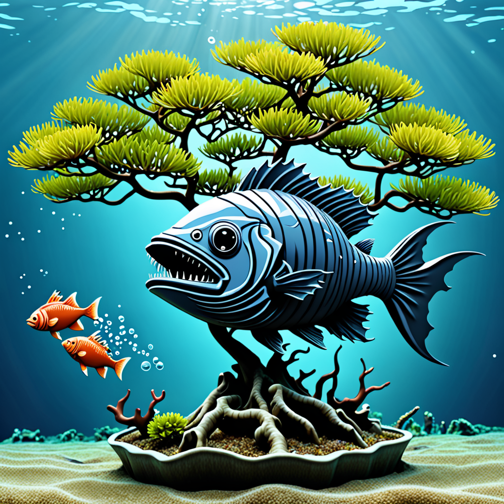 Cartoon angler fish eating a bonsai tree in the depths of the sea