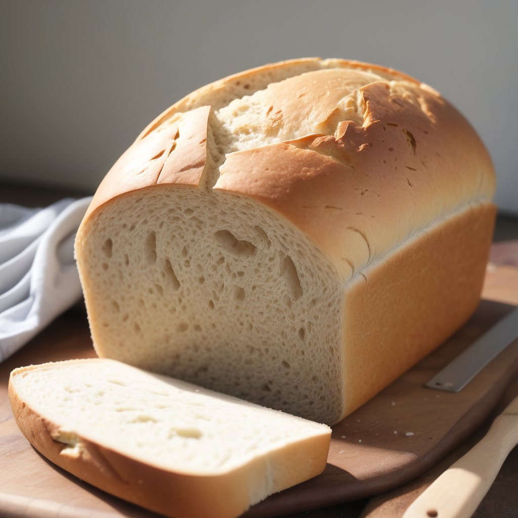 Freshly Baked Loaf of Bread with Sliced Piece on Wooden Board