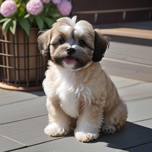 Adorable fluffy puppy sitting happily on a sunny wooden deck.