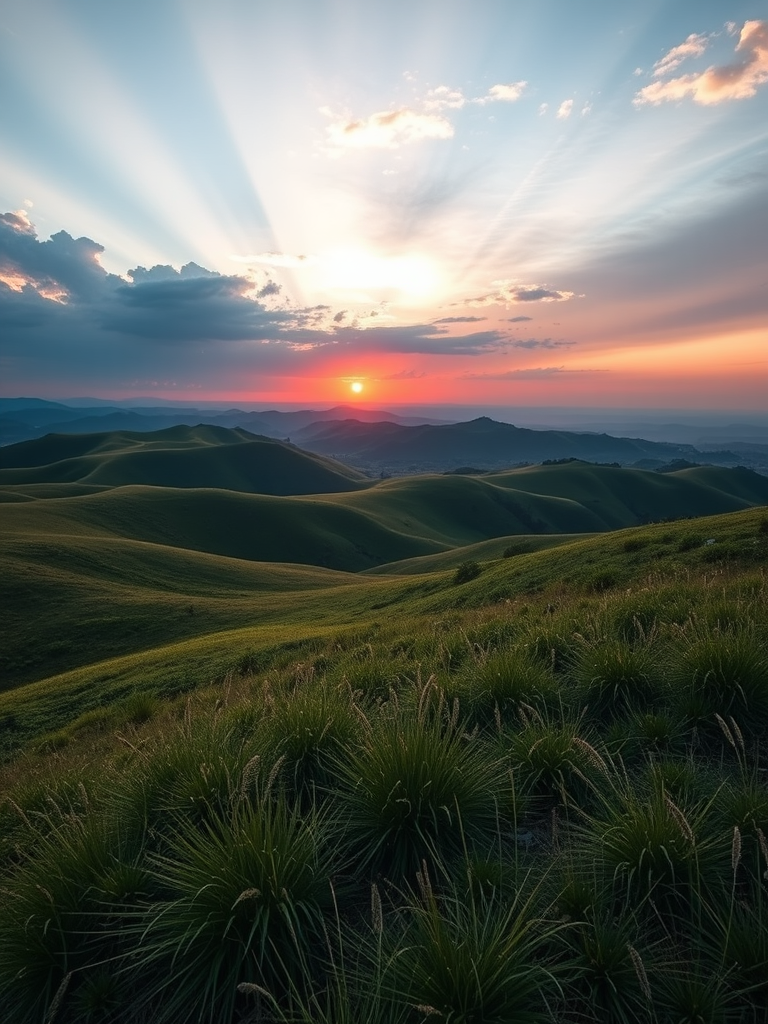 Create a high-resolution image of a serene landscape with rolling hills ...