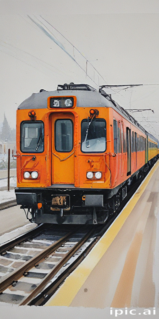 Vibrant Orange Train Arriving at a Busy Urban Station Platform