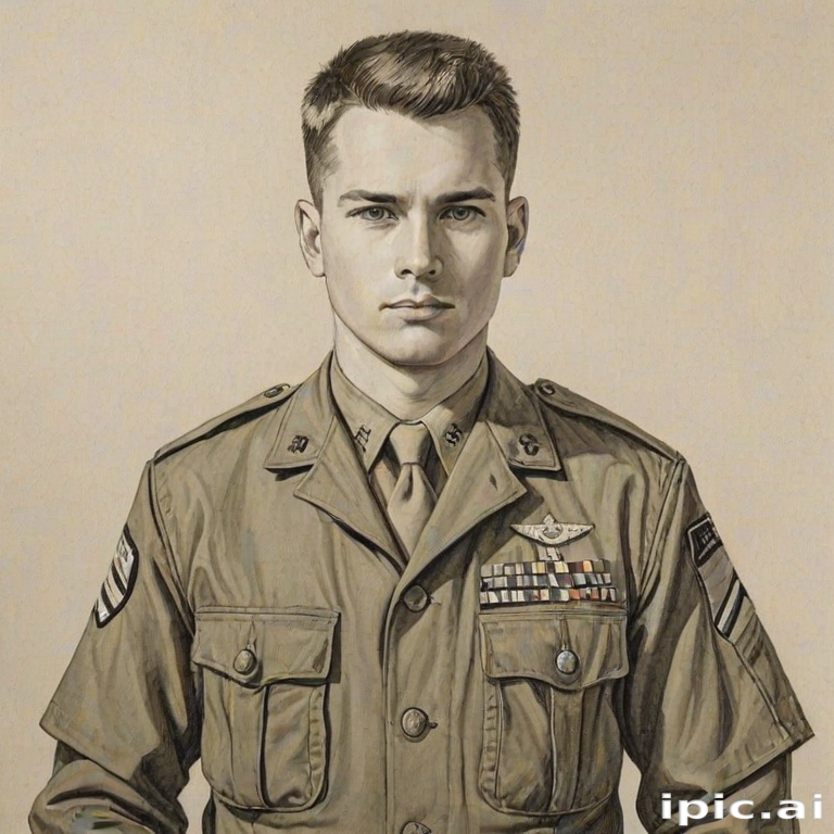 Portrait of a Young Soldier in Military Uniform with Medals and Honors