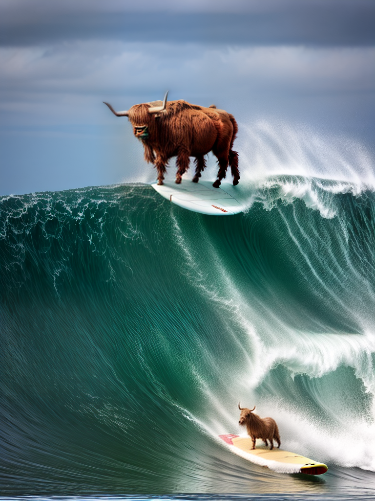 Highland cow surfing