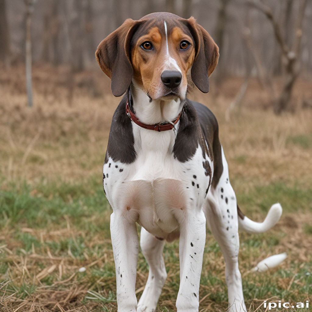A Playful Hound Dog Standing Proudly in a Lush Green Field.