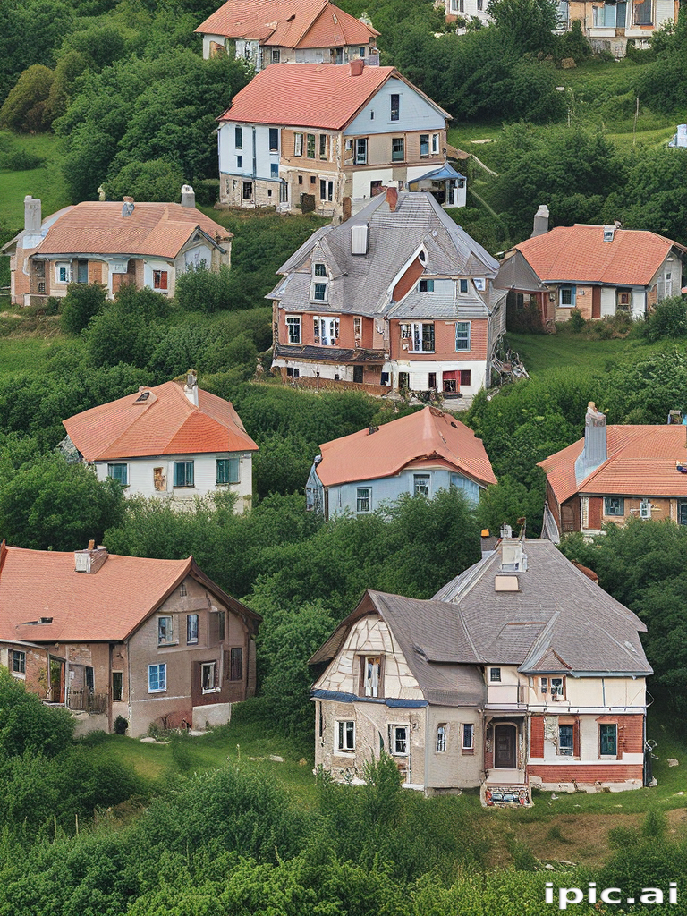 Charming Hilltop Village with Colorful Houses Surrounded by Lush Greenery