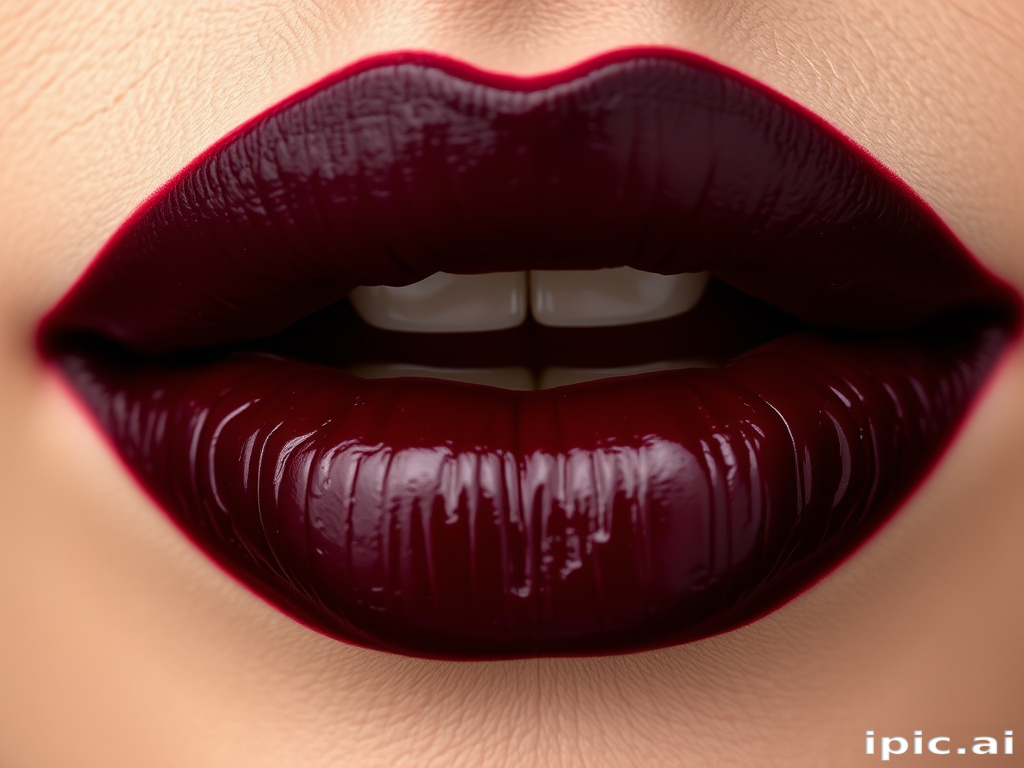 Close-Up of Luscious, Glossy Lips with Deep Berry Red Lipstick Shine