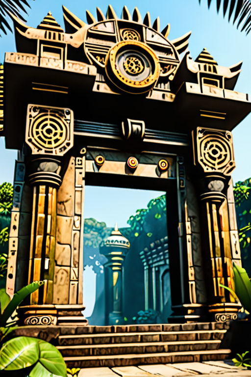 a steampunk maya temple from the outside in a jungle