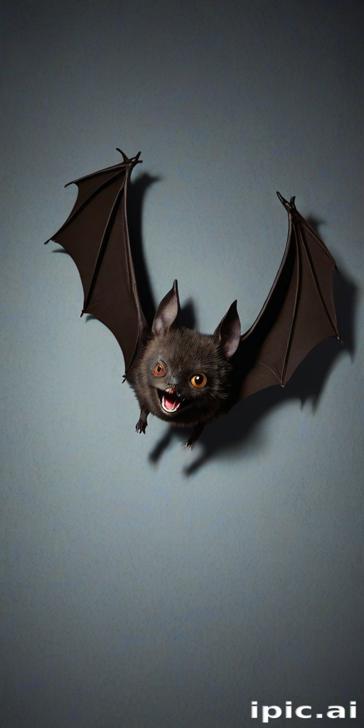 A Playful Cartoon Bat with a Mischievous Expression Flying Against a Wall.