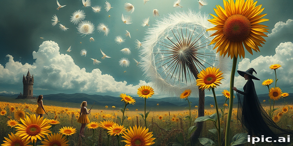 Enchanting Landscape of Sunflowers and Dandelions Under a Dreamy Sky