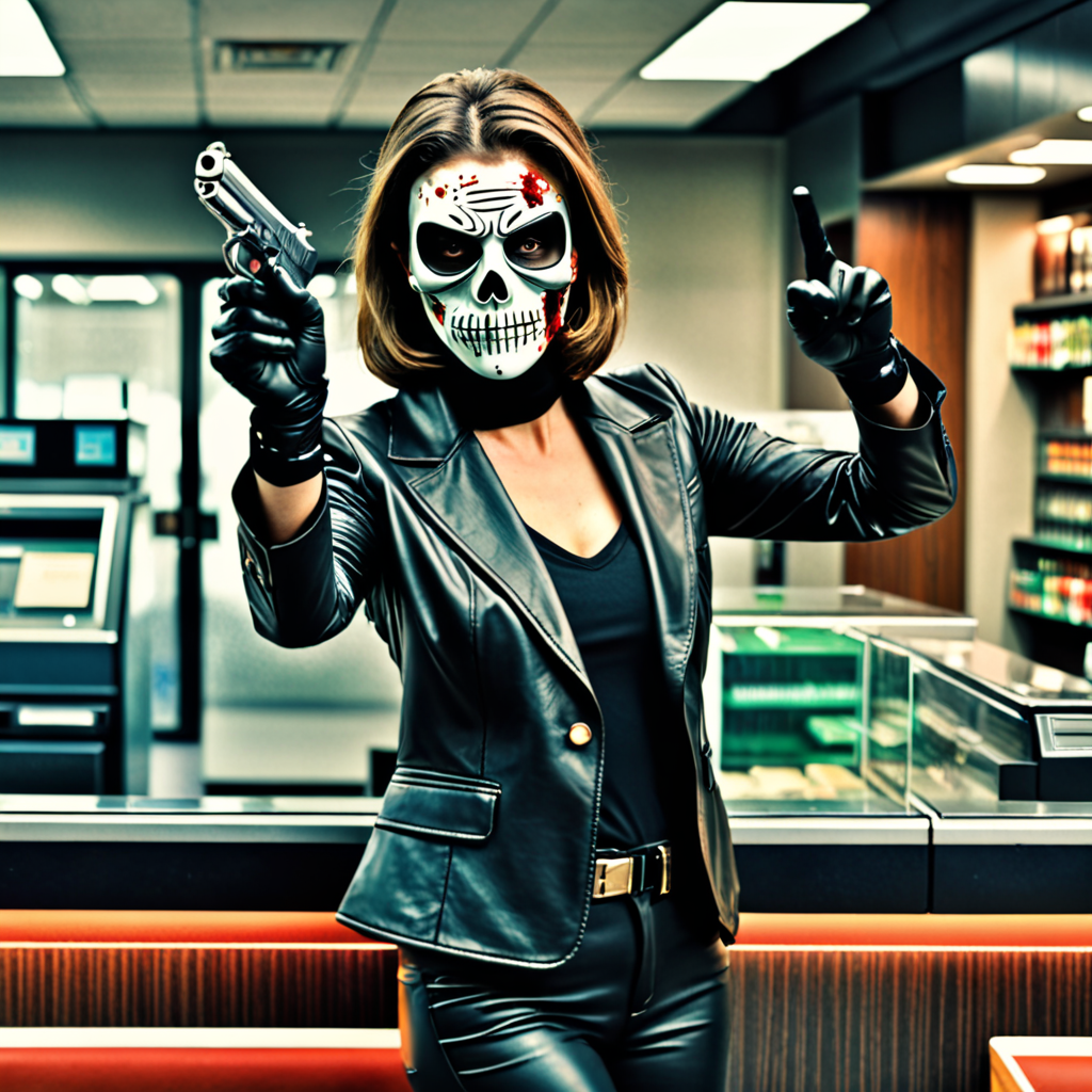 Bank robbery by a woman, leather blazer, black leather gloves, zombie ...