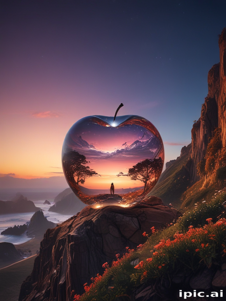 A Surreal Landscape Inside a Giant Reflective Apple at Sunset