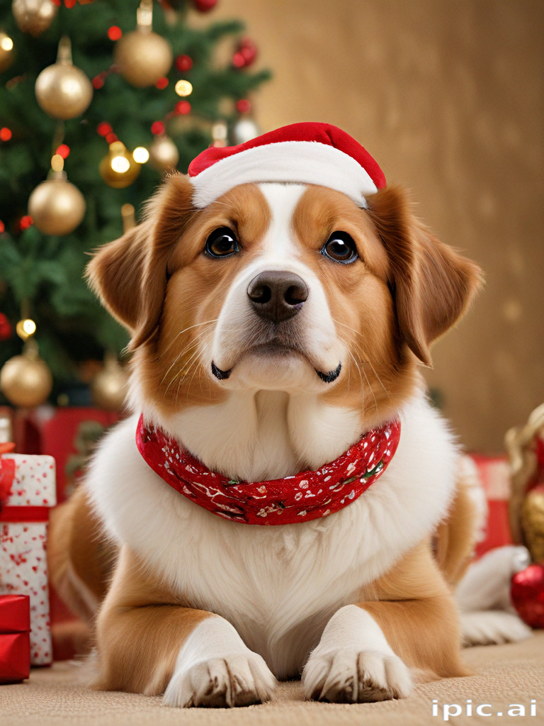 Festively Dressed Dog Celebrating Christmas in Front of a Tree
