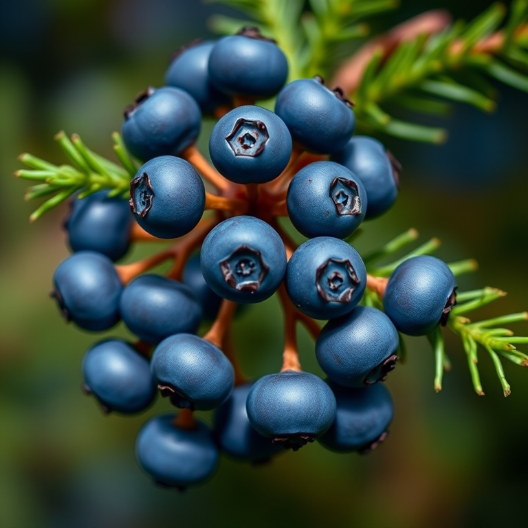 Close-up of blue berries on a green conifer branch with a softly ...