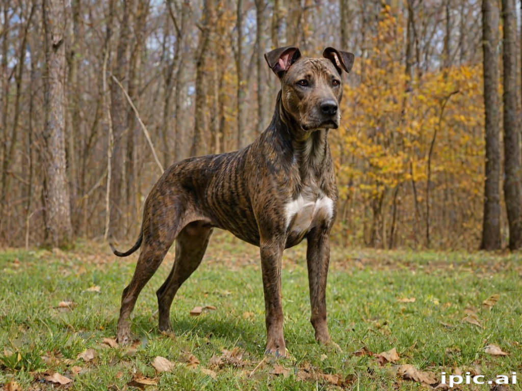 A Striking Brindle Dog Poses Confidently Amidst Autumn Forest Scenery.