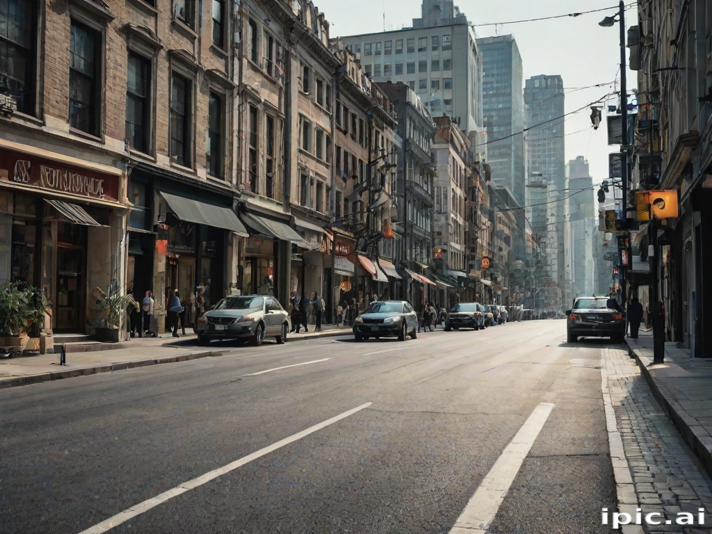 A Bustling Urban Street Scene Featuring Historic Buildings and Modern Life.
