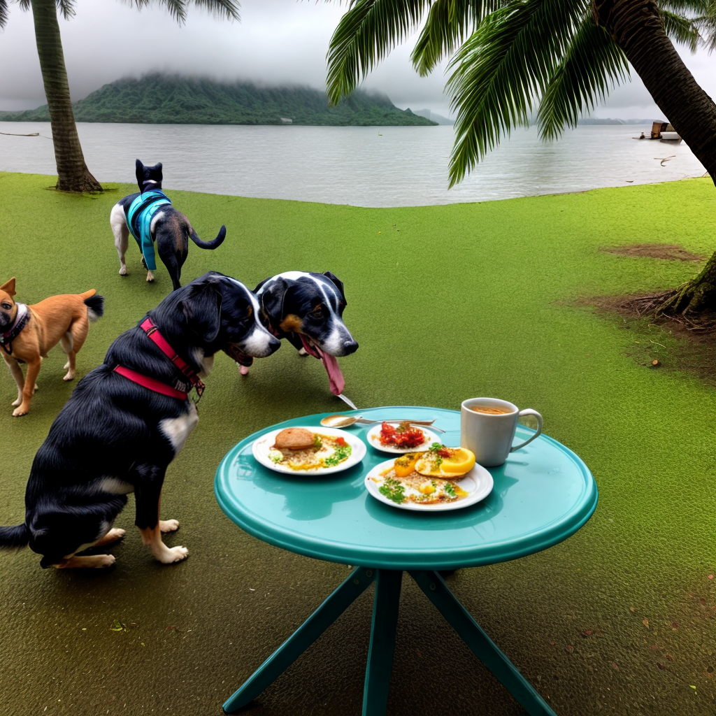 Dog eating breakfast outside tropical weather raining