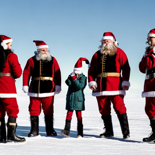 santa with elves and reindeer exercise in freezing north pole