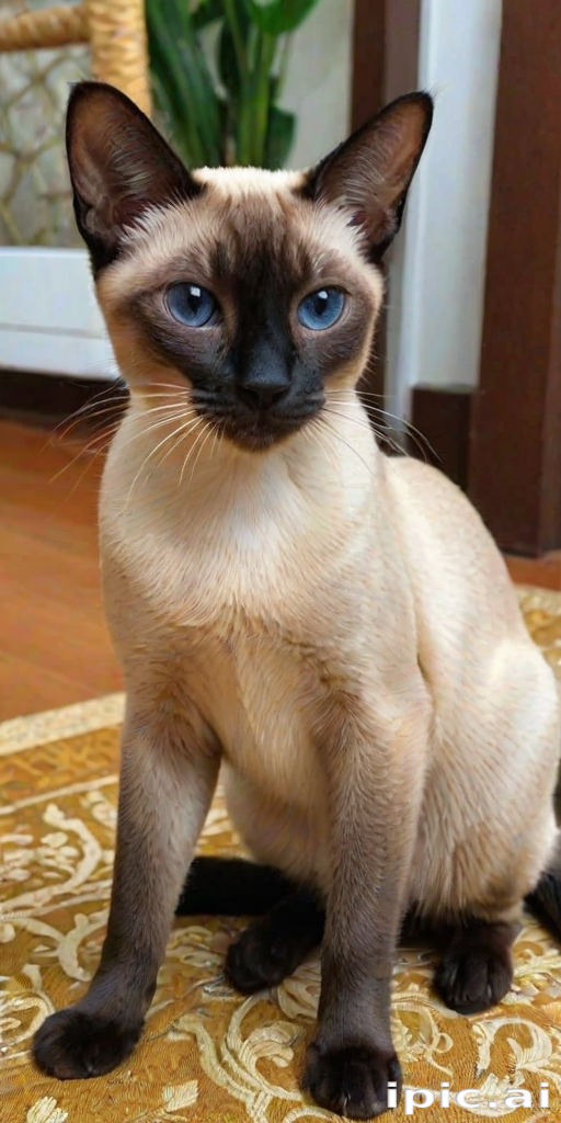 A Beautiful Siamese Cat with Striking Blue Eyes Sitting Gracefully Indoors.