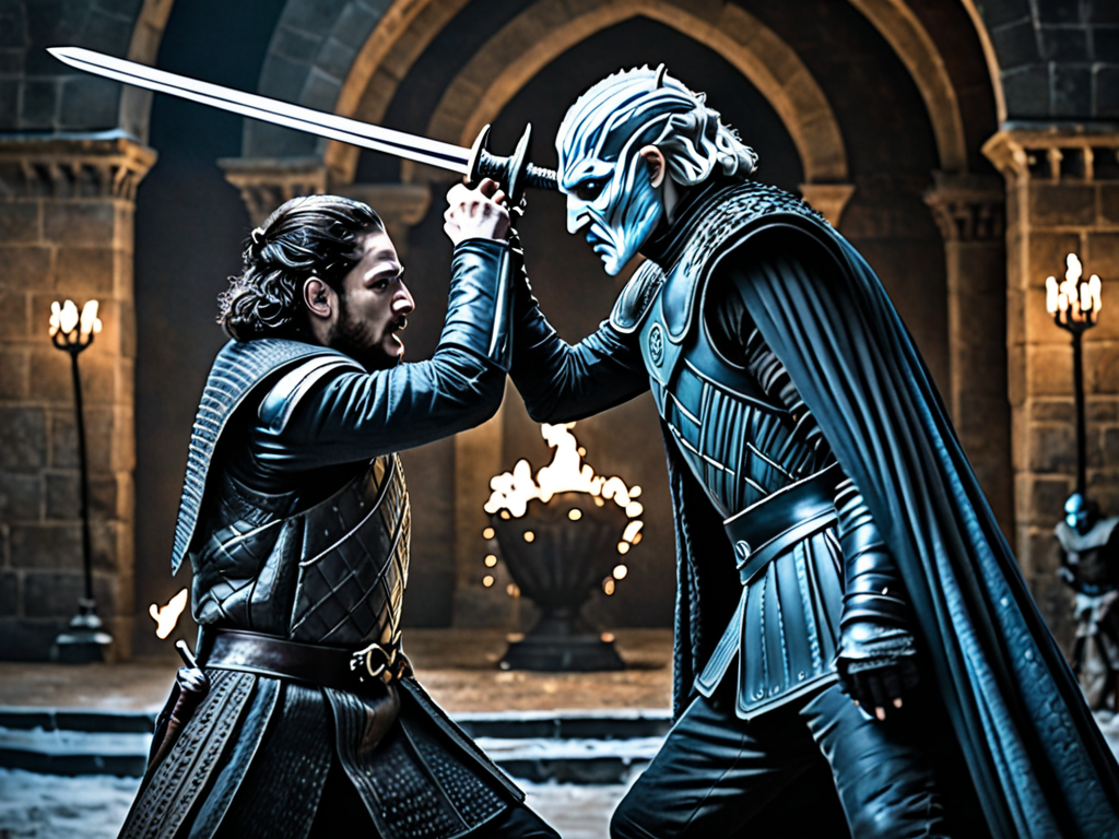 Create a portrait similar to a real scene from Game of Thrones showing ...