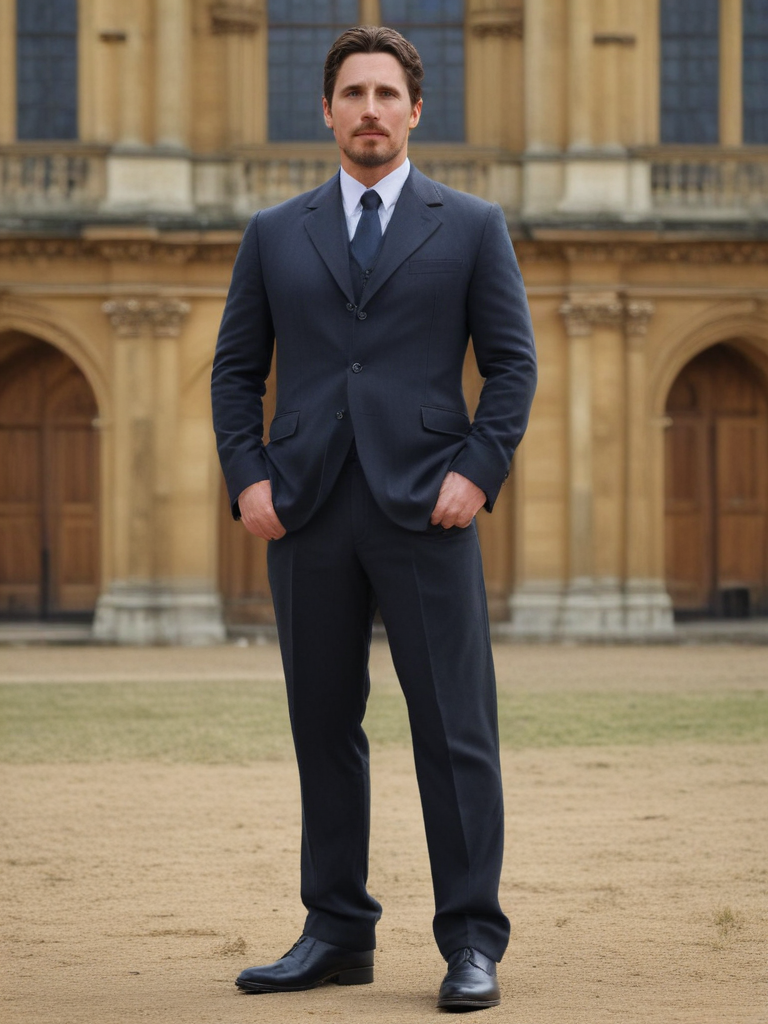 christian bale, full body, background wollaton hall